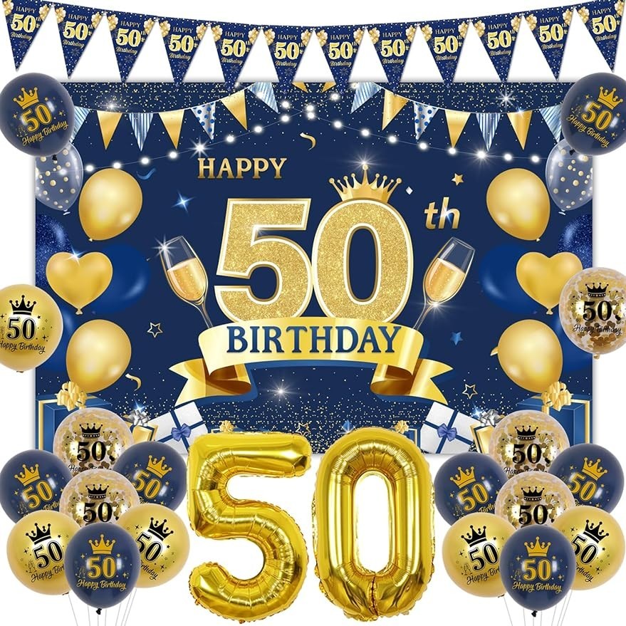 Cheereveal 50th Birthday Decorations For Men Navy Blue And Gold Happy