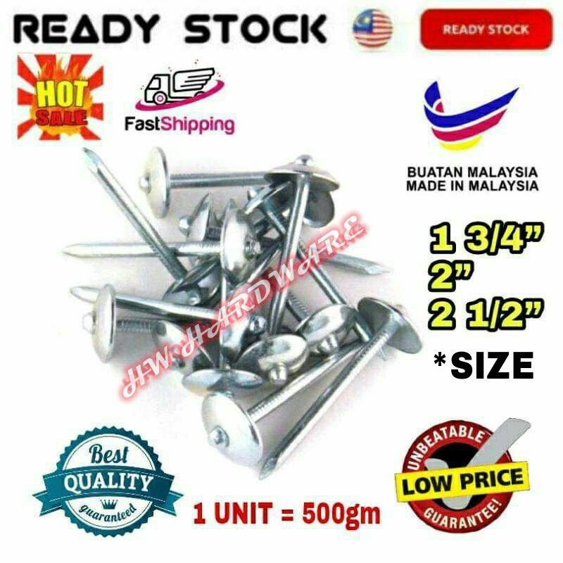 Galvanised Mild Steel Iron Roofing Nail Paku Bumbung Paku Atap 12kg 500gm Shopee Malaysia