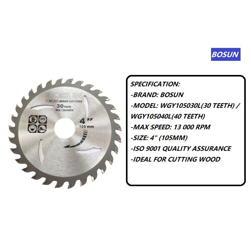 BOSUN 4" (105MM) WOOD CUTTING T.C.T SAW BLADE 30T (WGY105030L) 40T(WGY105040L) | Shopee Malaysia