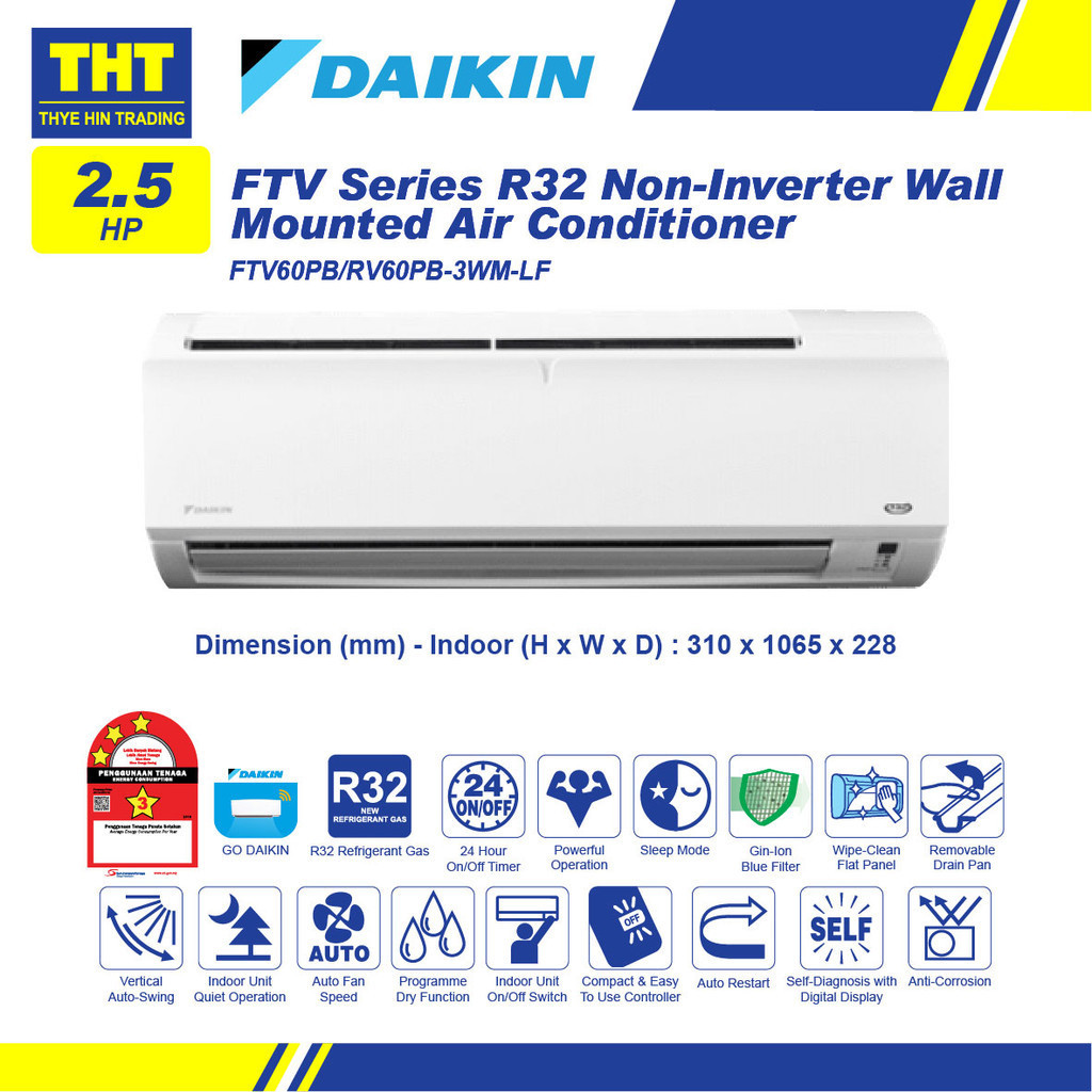 Daikin 2.5HP Non-Inverter Air Conditioner With Smart Control FTV60PB ...