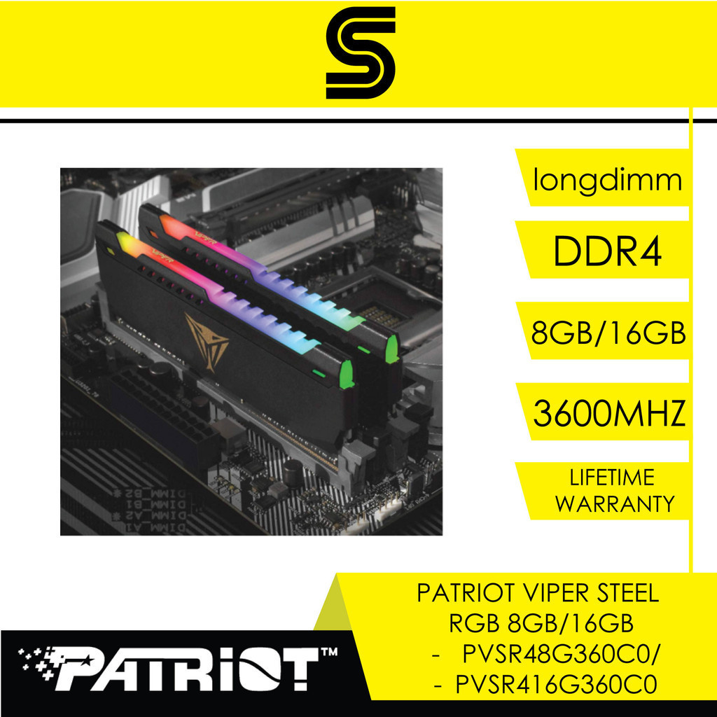 PATRIOT Viper Steel RGB DDR4 Memory 8GB/16GBx1 - 3600Mhz | Shopee Malaysia