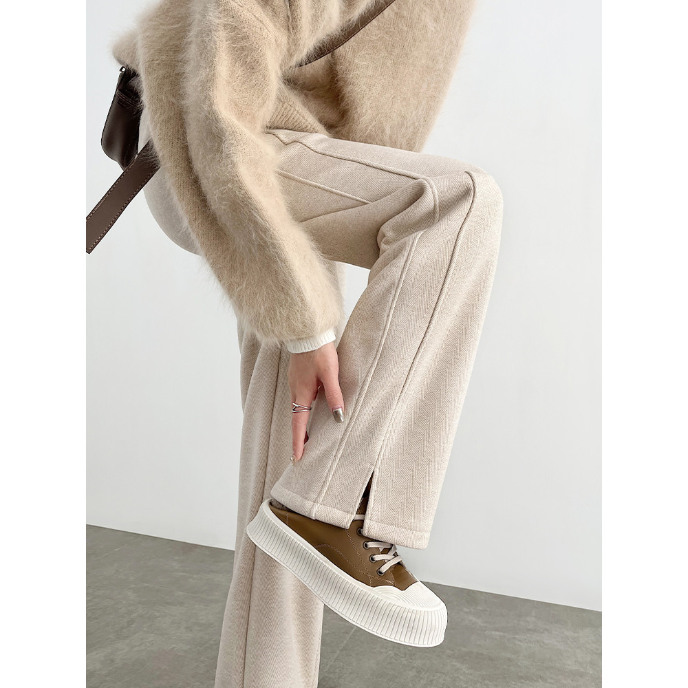 Seluar Kaki Lebar Bergaris Bulu Corak Herringbone untuk Wanita, Musim ...