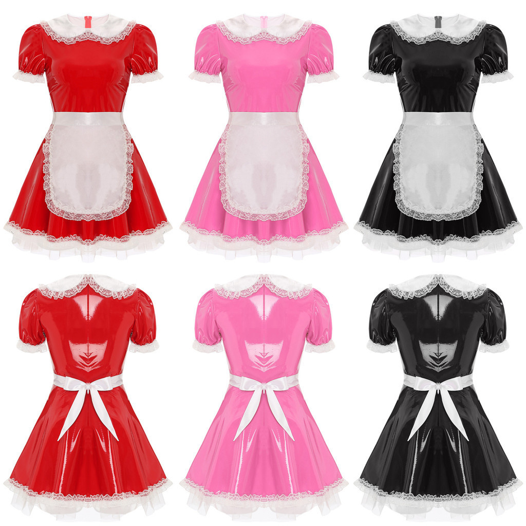 inhzoy Womens Servants Cosplay Maid Dress with Apron Doll Collar Puff ...
