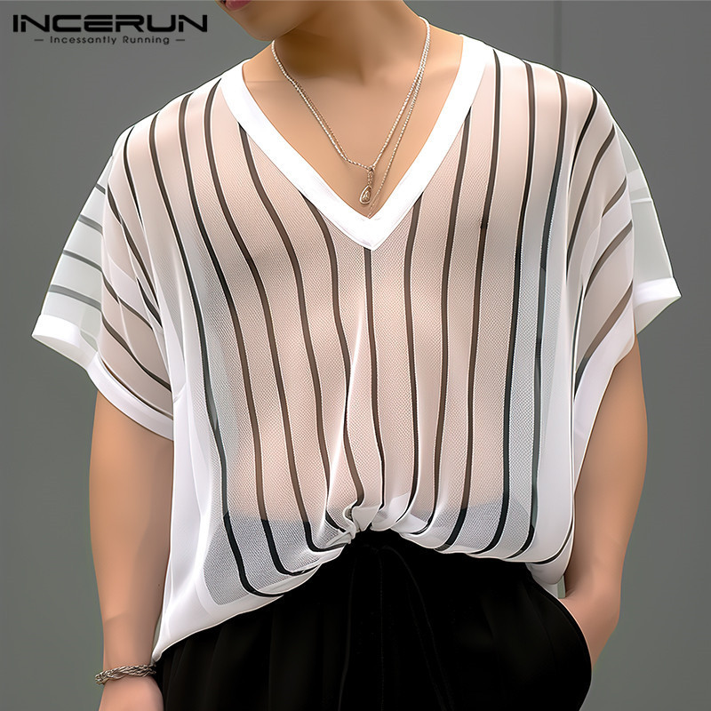 INCERUN Men Korean Fashion Vertical Stripe V-Neck Shoulder Sleeve Tanks ...