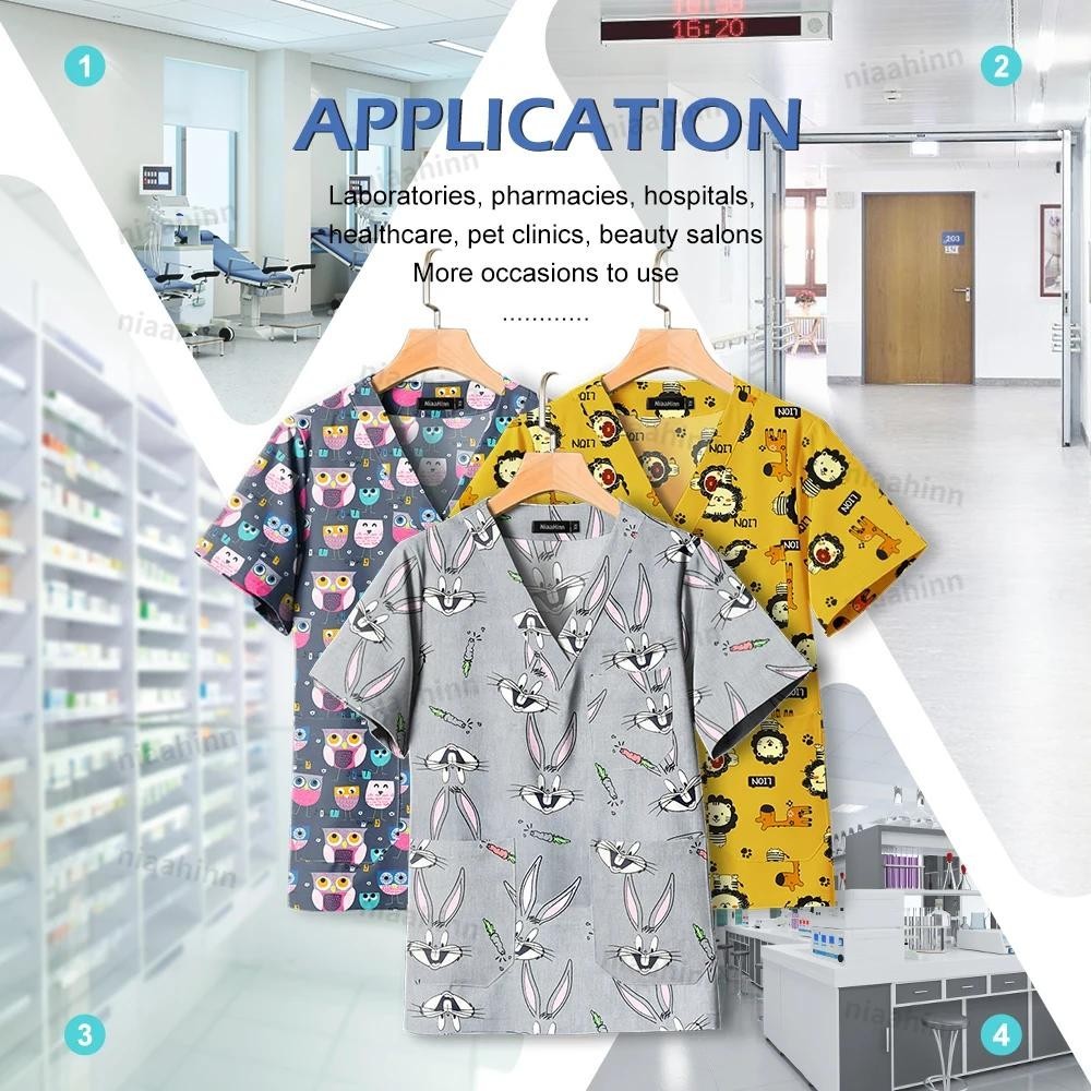 Hospital Nursing Scrub Top Printed Cotton Uniform High-quality Doctor ...