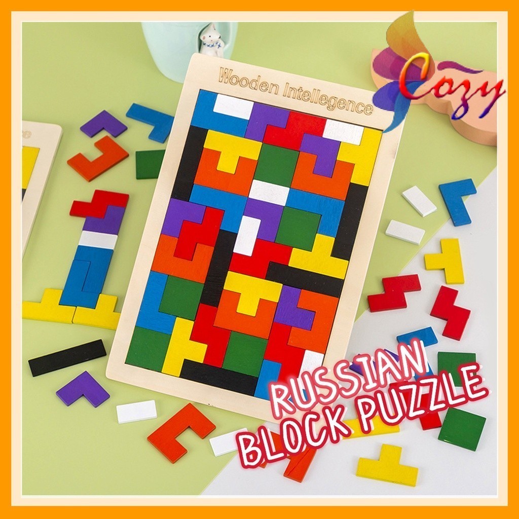Russian Blocks Wooden Puzzle Kids Boarding Game Color Cognition Tangram Tetris Building Toys ...