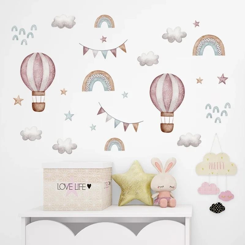 Watercolor Pink Hot Air Balloon Rainbow Clouds Wall Stickers for Kids Room Baby Nursery Room ...
