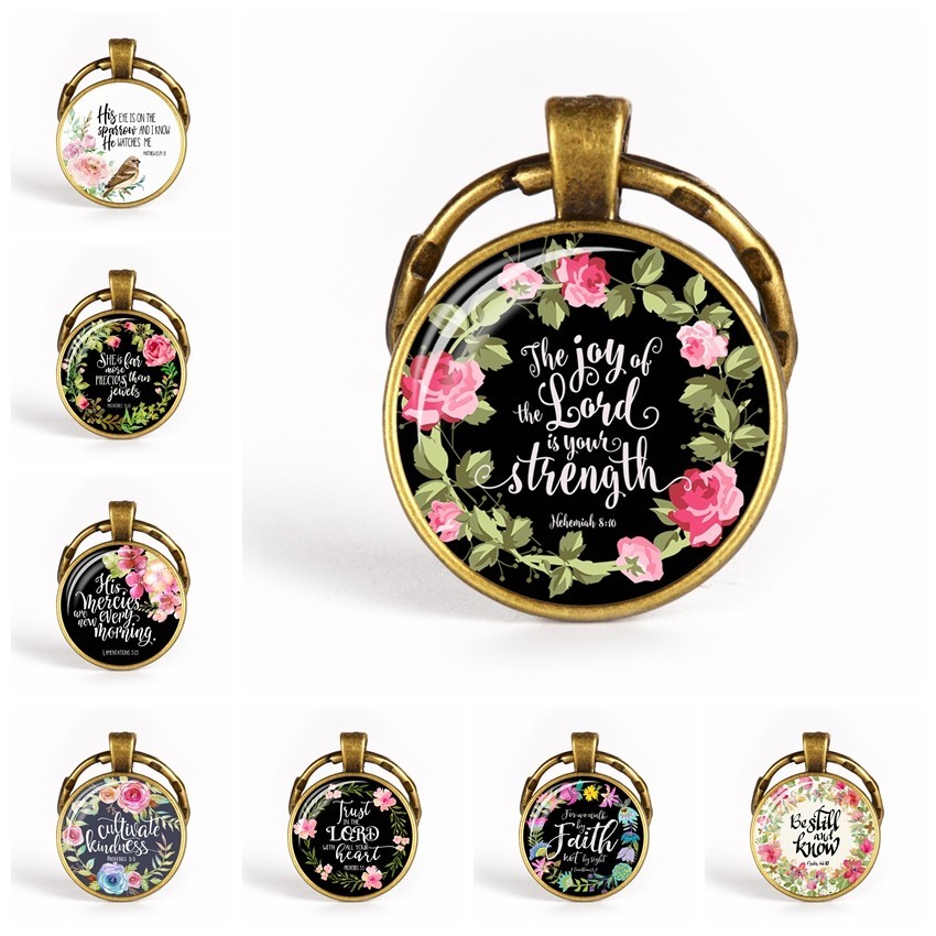 High Quality Glass Cabochon Pendant Metal Keychain Christian Faith ...
