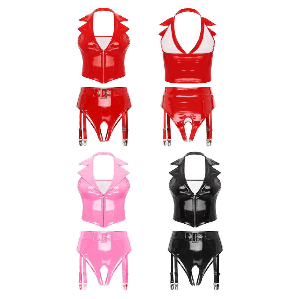 Jhaoyu Womens Wet Look Clubwear Halter Backless Deep V Neck Front ...