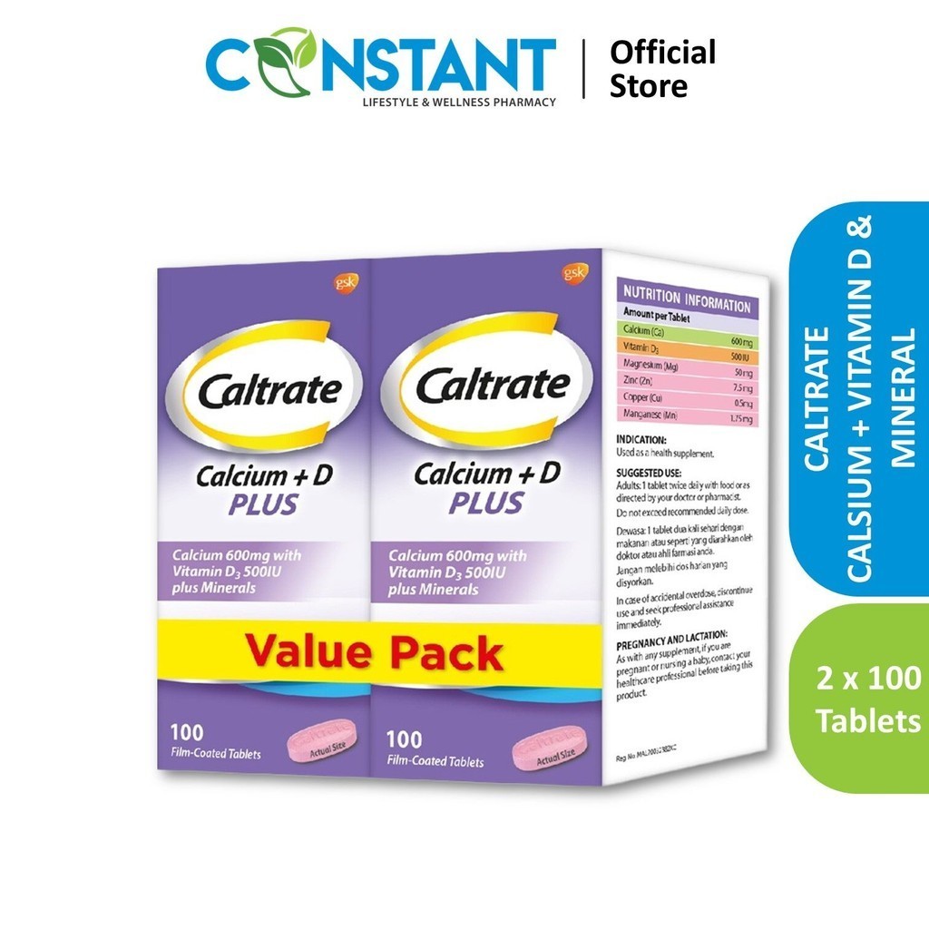 Caltrate 600 + D Plus Calcium 100's x 2 (For Bone Health With Vitamin D ...
