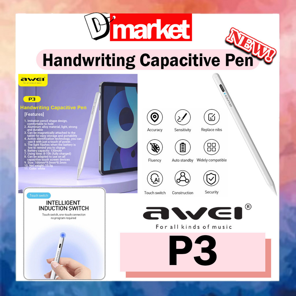 Awei P3 Touch Control Stylus Pencil Drawing Pen Smart Pencil Stylus ...