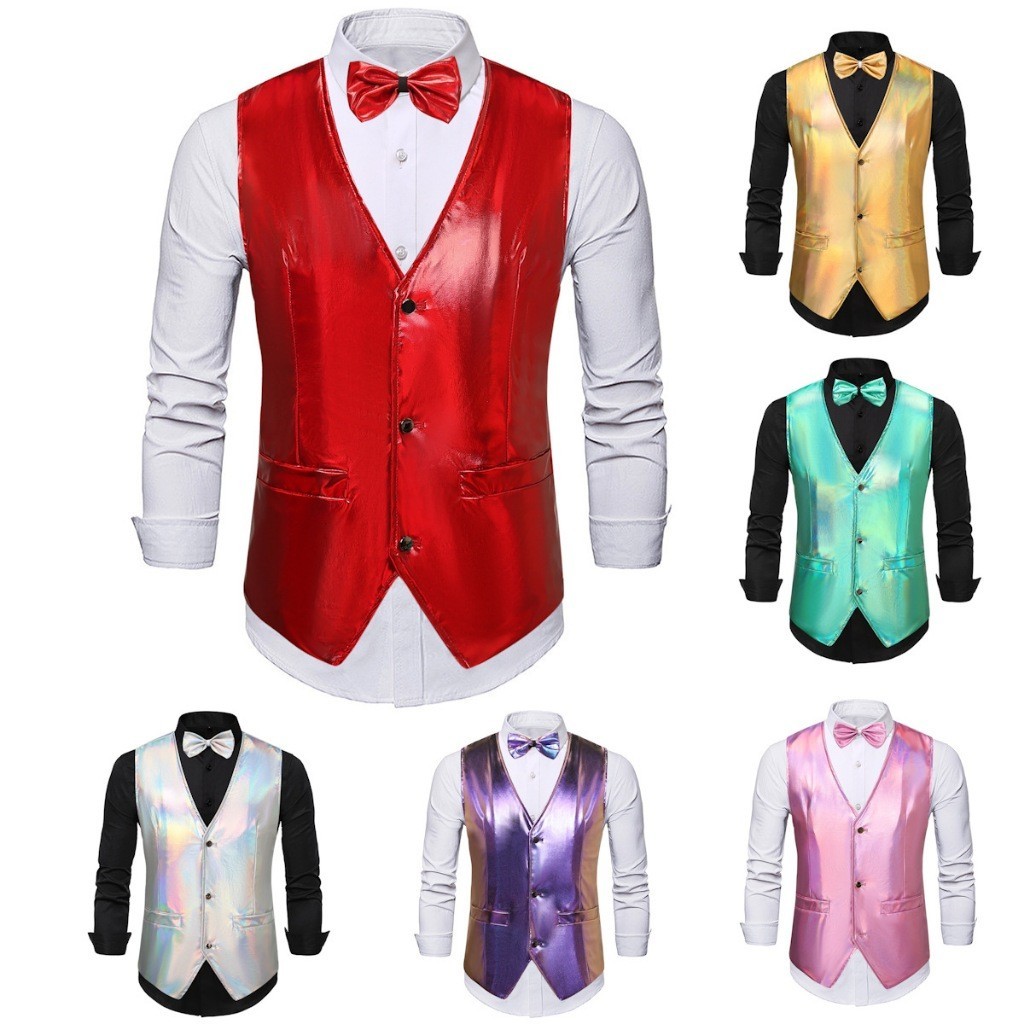 Men Slim Fit Gilded Faux Leather Suit Vest Street Style Glitter Golden ...