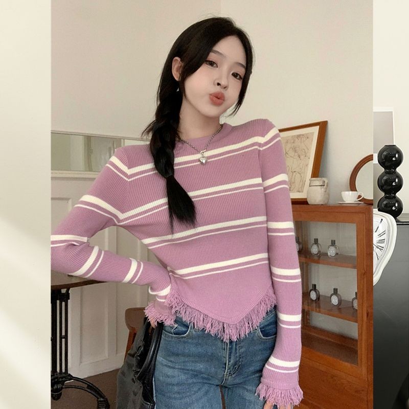 Design Irregular Fringed Sweater Women Autumn Sweet Round Neck Long ...