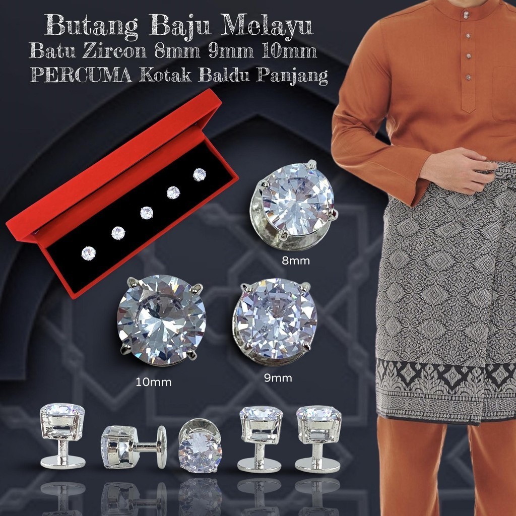Butang Baju Melayu Set (5 pcs) Batu Zircon 8mm 9mm 10mm FREE Kotak ...