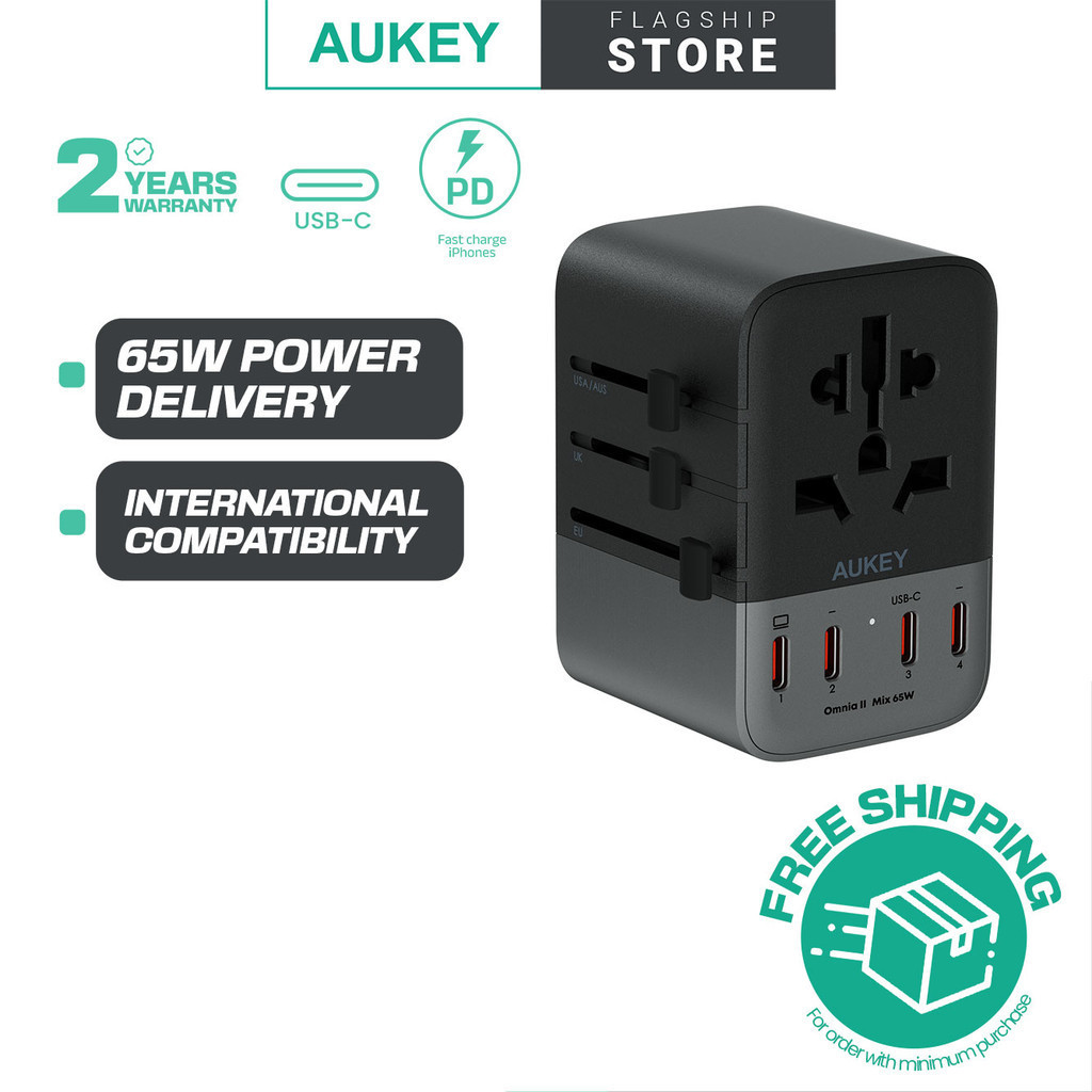 Aukey PA-TA08A 65W Travel Mate GaN Universal Adapter with USB ports ...