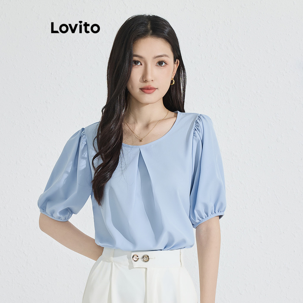 Lovito Elegant Plain Pleated Puff Sleeve Blouse for Women L77ED186 ...