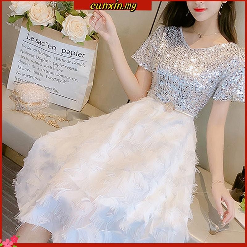 summer short sleeve sequin dress midi korean bling bling dress | Shopee ...