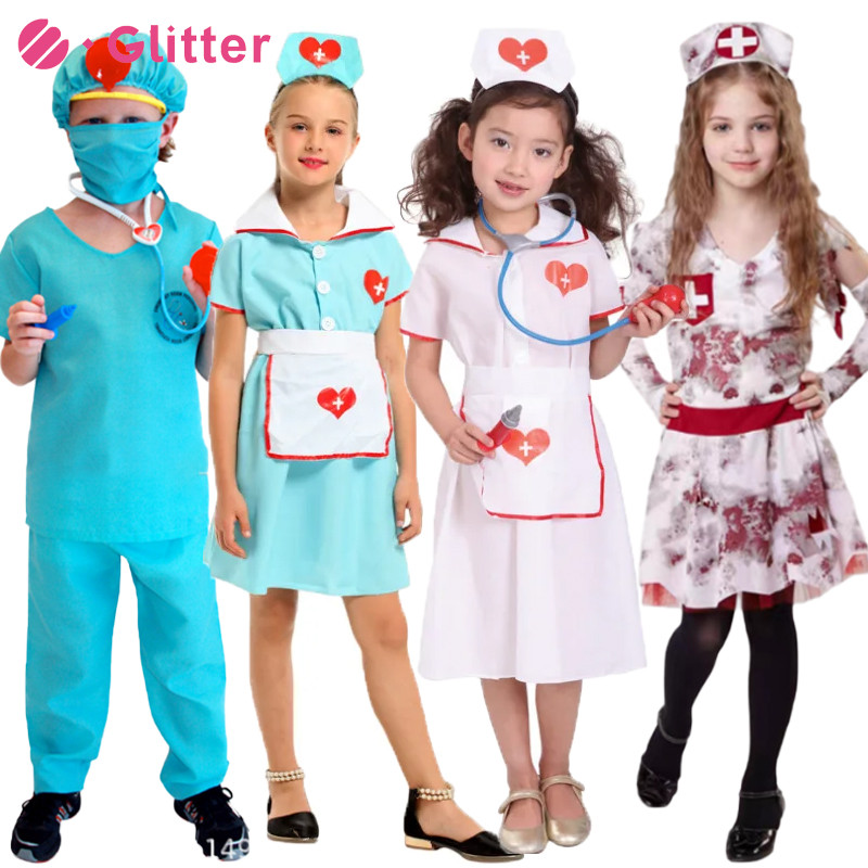 Doctor Nurse Costume for Kids Girl Career White Blue Bloody Dress ...