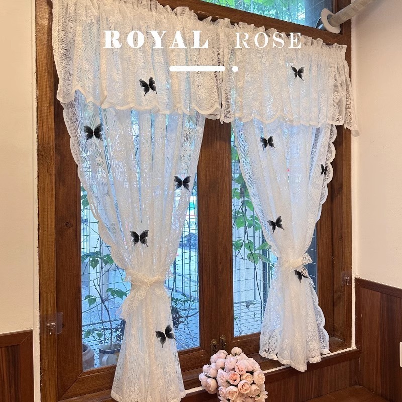 Lace Window Screen Perforation-Free French White Gauze Curtain Velcro ...