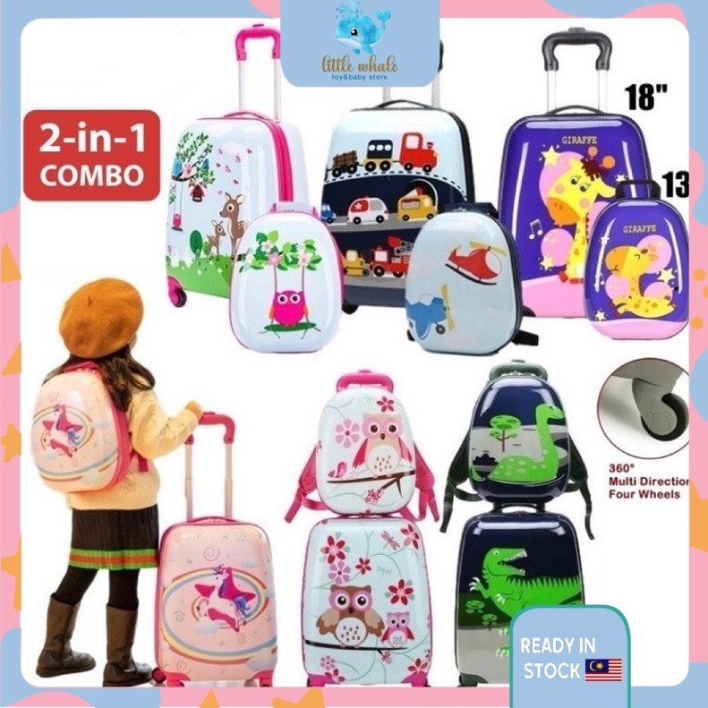 🐳Kids 18inch Trolley Luggage 2 In 1 Travel Set Hard Case Water ...