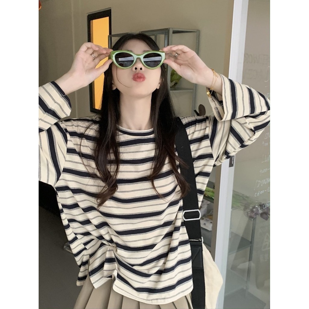 Korean Harajuku Lazy Style Large Loose Soft Top Women's Striped Long ...