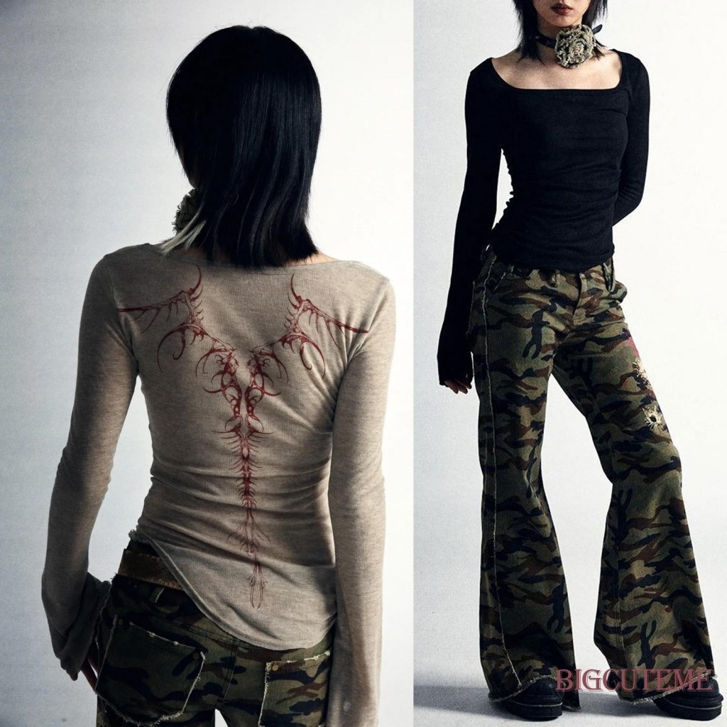[]-Women Vintage Tattoo Print T-shirt Wasteland Punk Irregular Gothic ...
