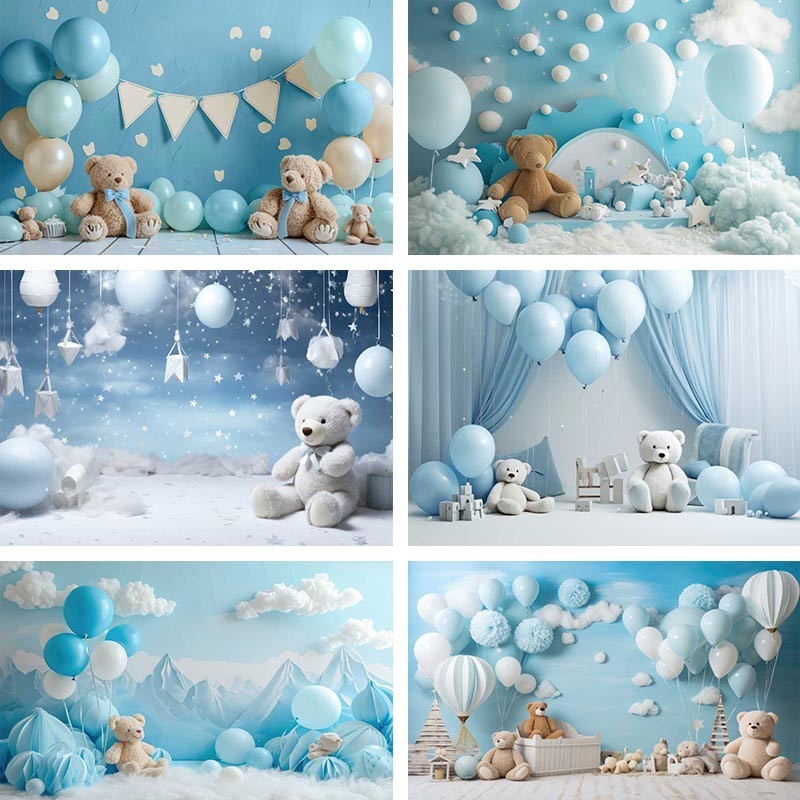 Teddy Bear Backdrop Photograph Children Kids Boys Girls Balloons Blue ...