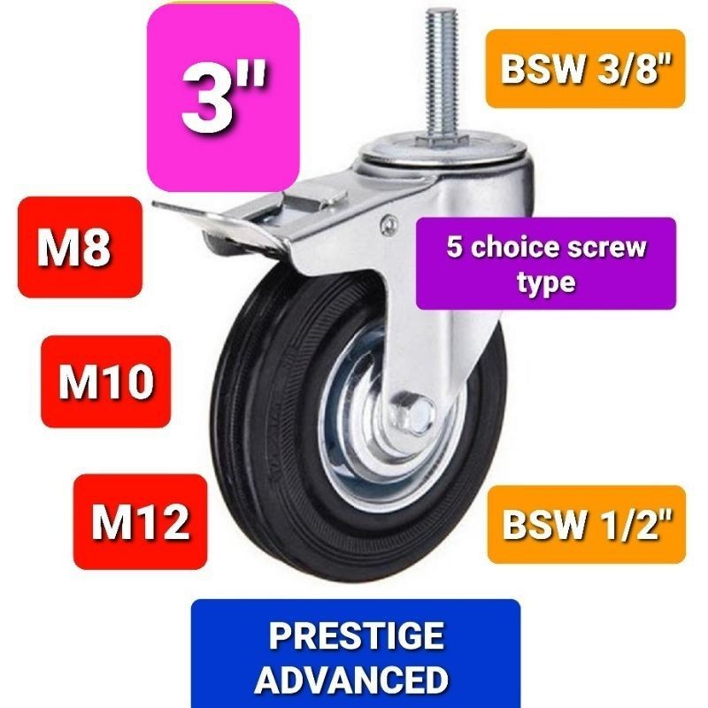 BLACK rubber 3" Threaded Industrial Stem Caster Wheels Furniture Carts ...