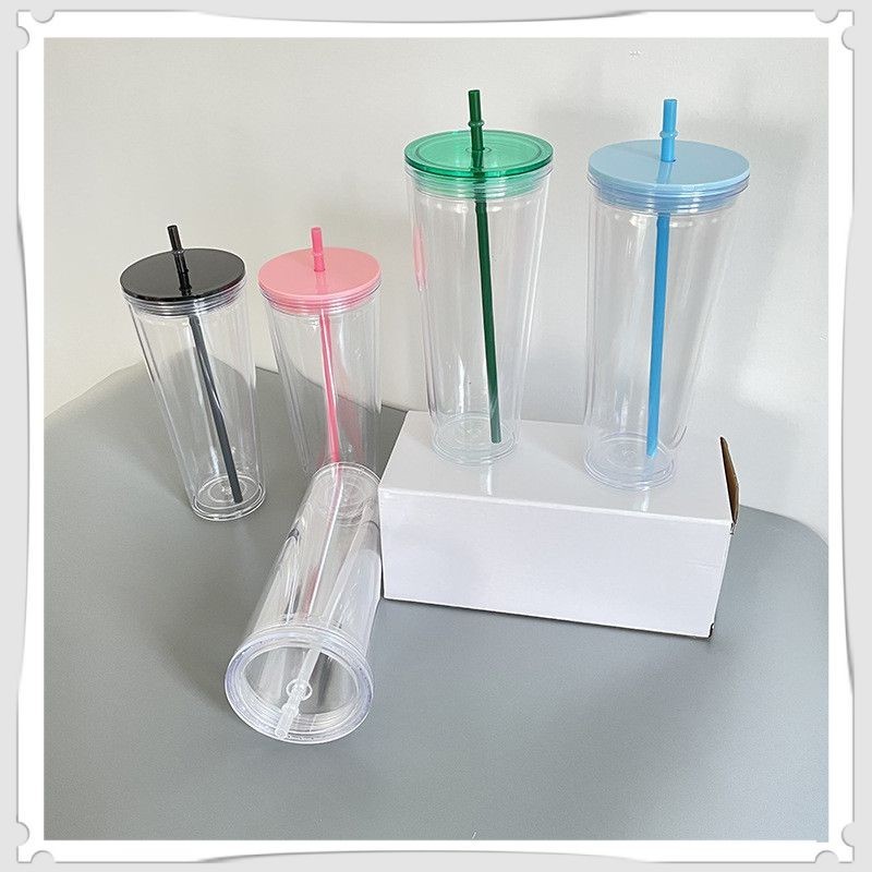 500ml/710ml Transparent Straw Cup Clear Tumbler Reusable Transparent Double-layer Water Bottle ...