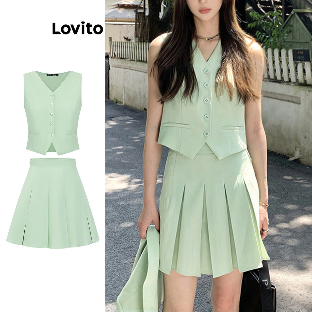 Lovito Elegant Plain Pleated Skirt Sets for Women L80ED401 Lovito Set ...