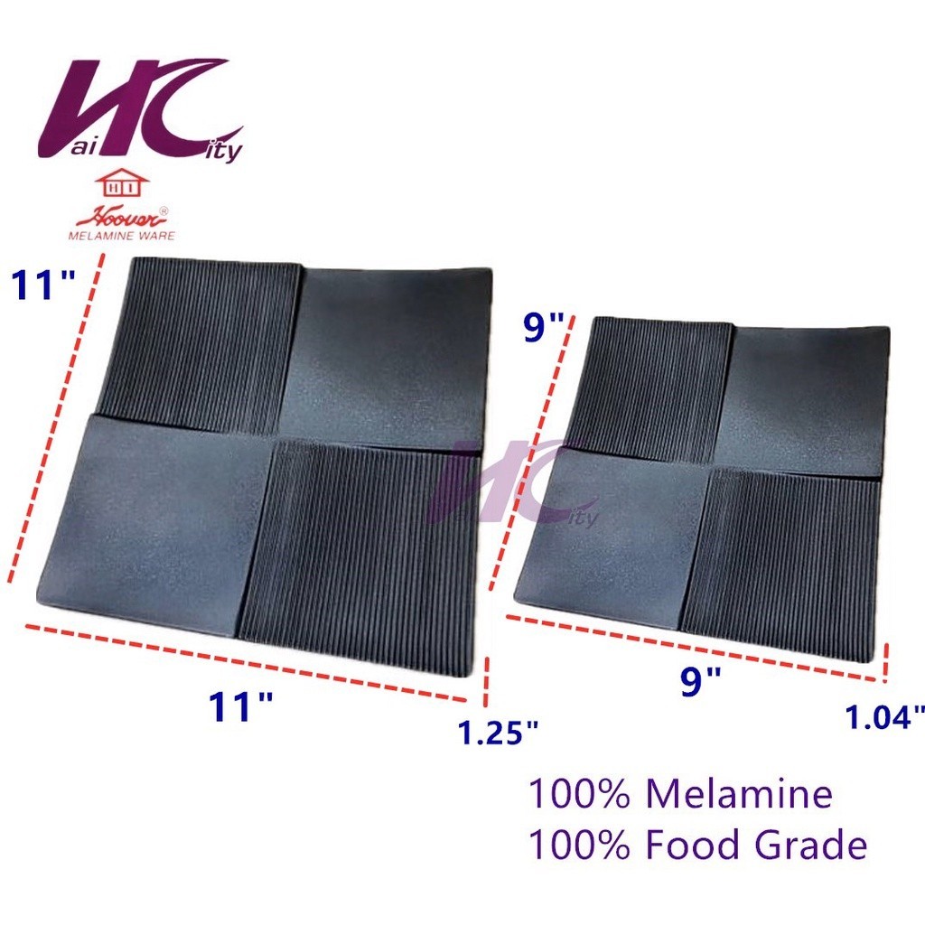 (HC) Hoover 100% Melamine Matt Black Japanese Square Plate Dinner Dish ...