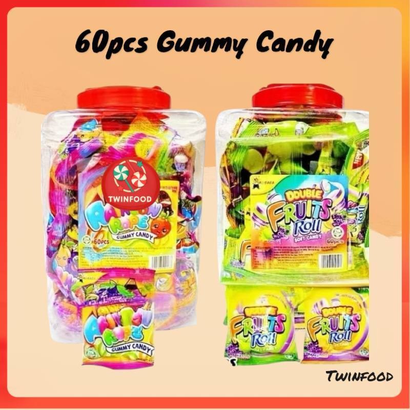 60pcs (ALI) Double Fruits Roll soft gula / Rainbow Rope Gummy Tali ...