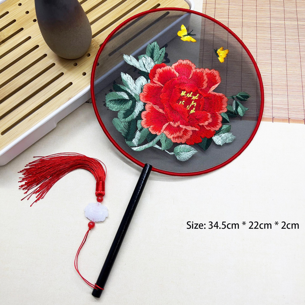 Chinese Style Round Fan Double Sided Embroidered Wooden Handle Fan Semi ...