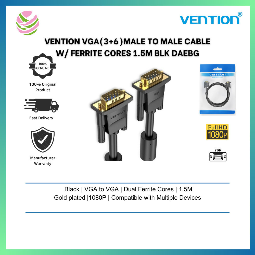VENTION VGA(3+6)MALE TO MALE CABLE W/ FERRITE CORES 1.5M BLK DAEBG | Shopee Malaysia