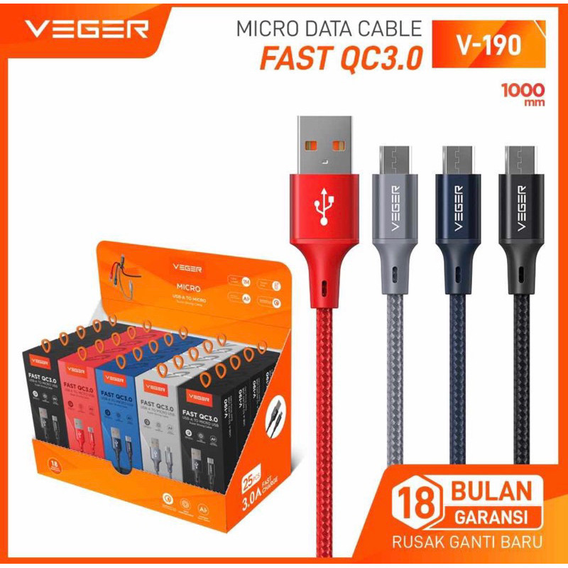 Veger MICRO V190 data cable, TYPE C V200, LIGHTINING V210 fast charging ...