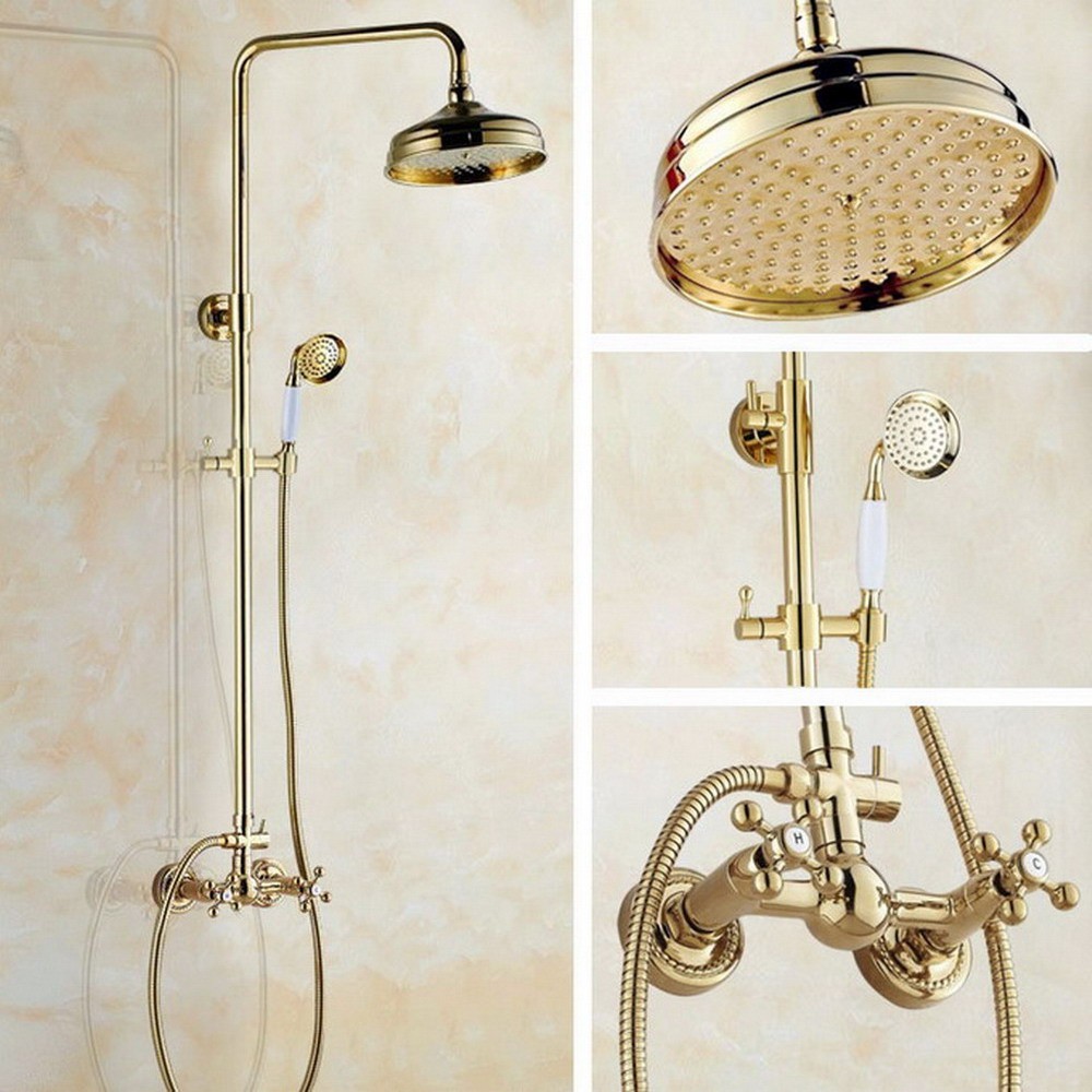 Luxury Gold Color Brass Double Cross Handle Bathroom Rainfall Rain ...