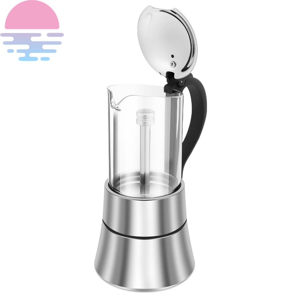 Induction Moka Pot 120ML Glass Top Stainless Steel Stovetop Coffee Makers Portable Stovetop ...