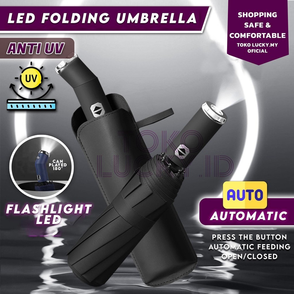 Automatic LED UV Foldable Umbrella With Flashlight Auto Open Close ...