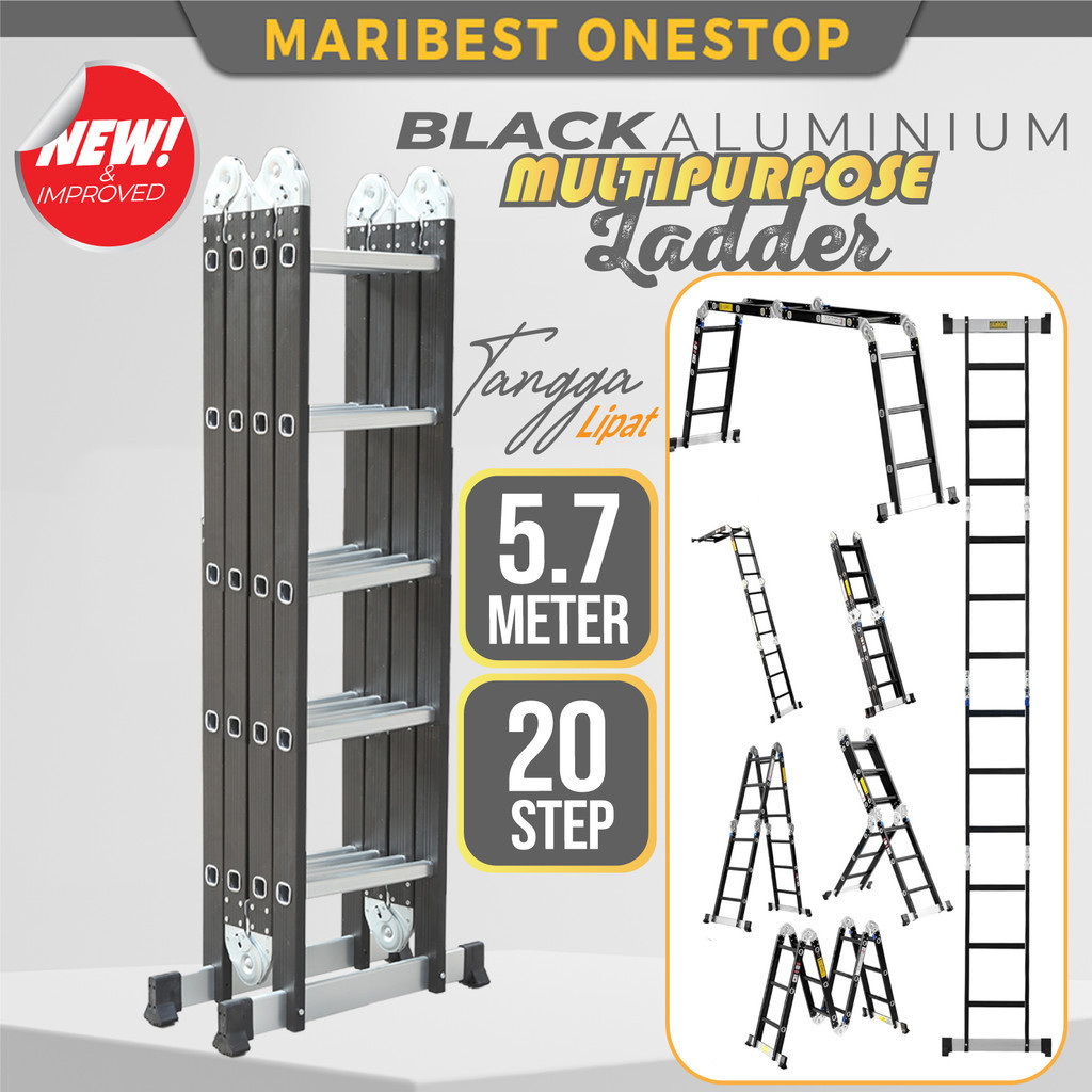 20 STEP (5.7M) Black Aluminium Multipurpose Ladder Folding Double Sided ...