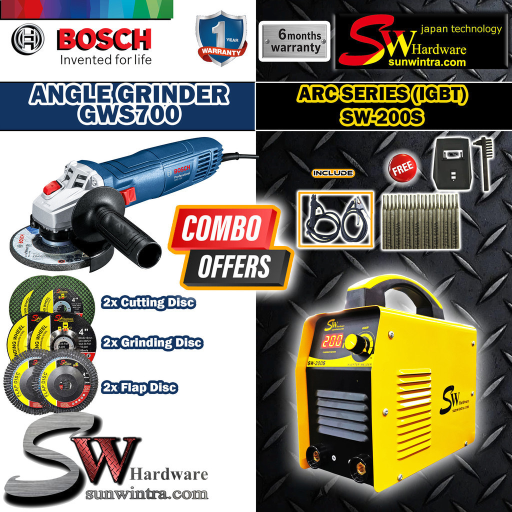 Bosch GWS700 ANGLE GRINDER 710W + SW Hardware SW-200S MMA Welding Set ...