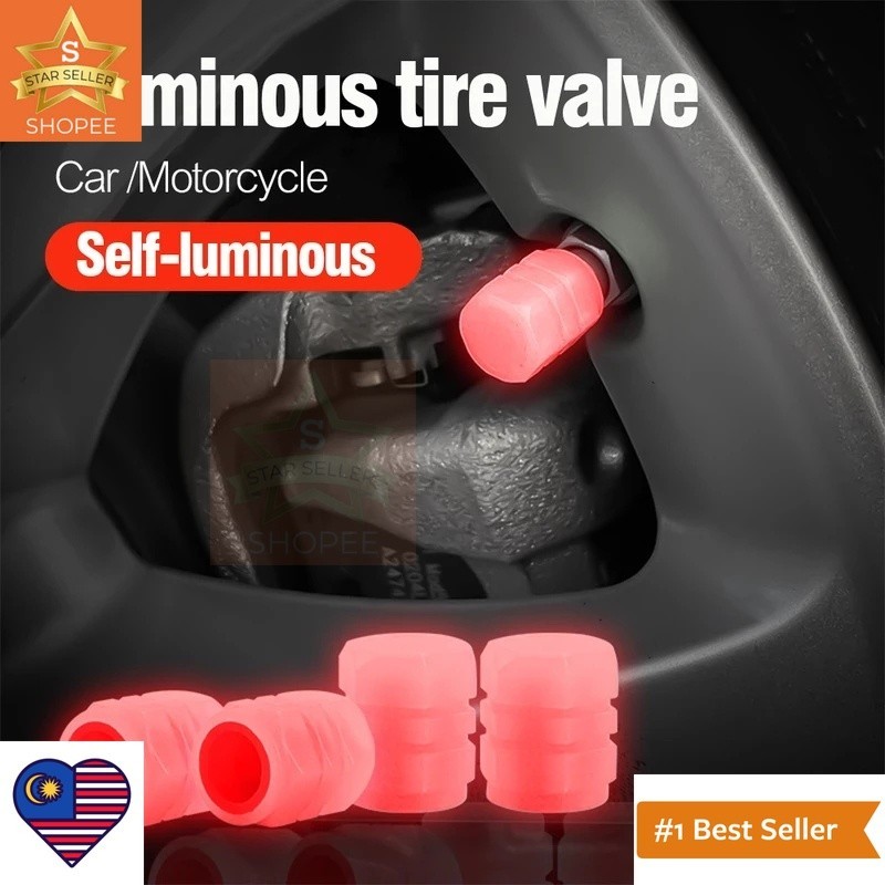 (MW)4 Pack Red Fluorescent Tire Valve Stem Caps /Universal Car Glow ...