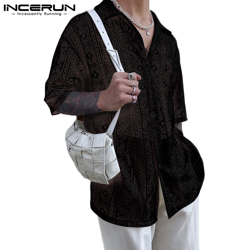INCERUN men's casual hollowed out lace short sleeved shirt | Shopee ...