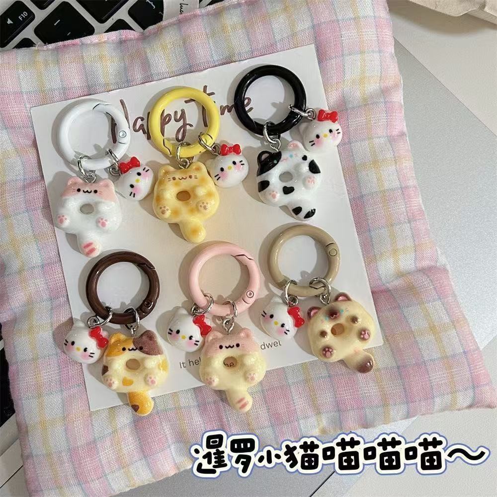 Original Cute Cartoon Donut Cat Key Ring Siamese Cat KTins Style Keychain School Bag Earphone ...