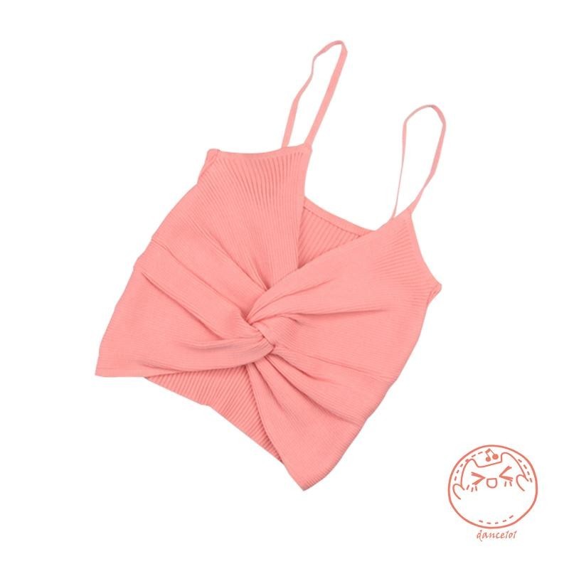 Dance Womens Crop Cami Tops Sleeveless Spaghetti Strap Twist Front Rib