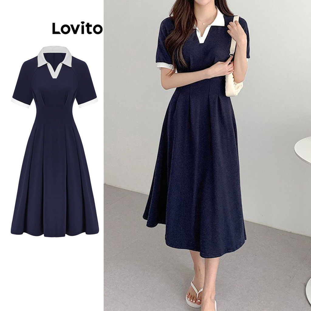 Lovito Elegant Plain Pleated Colorblock Dress for Women L74ED179 Dress ...