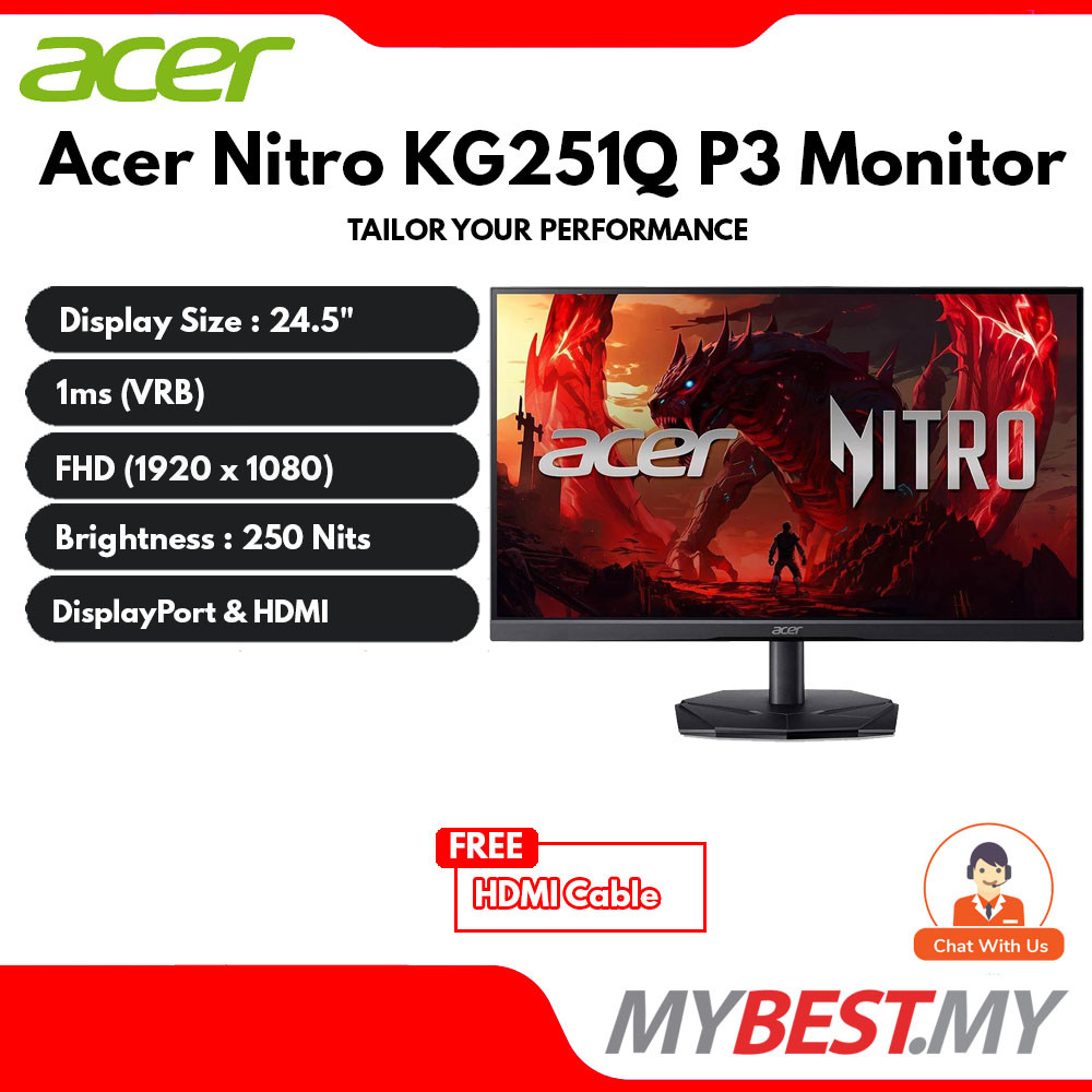 Acer 24.5" Nitro Gaming Monitor KG251Q P3 0.5ms 180Hz FHD 1920x1080 VA ...