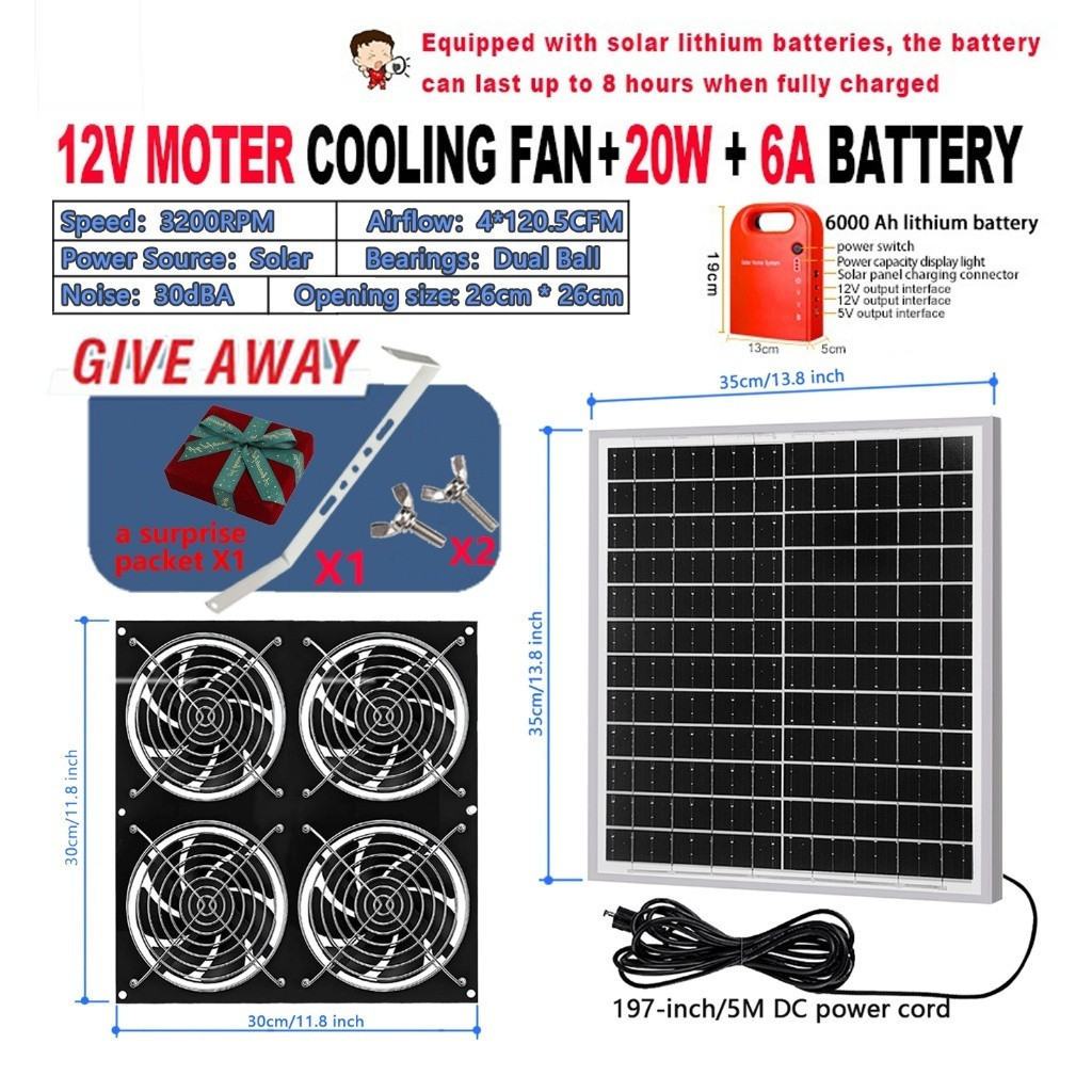 Kipas Ekzos Mini Udara Solar DC 20W 6000Mah Bateri Pengudaraan Industri ...