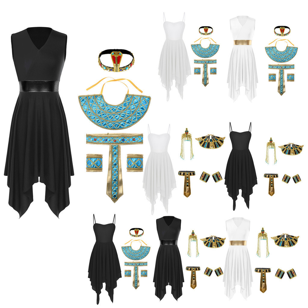 inhzoy Womens Egyptian Cleopatra Costume Set Sleeveless Asymmetric Hem ...