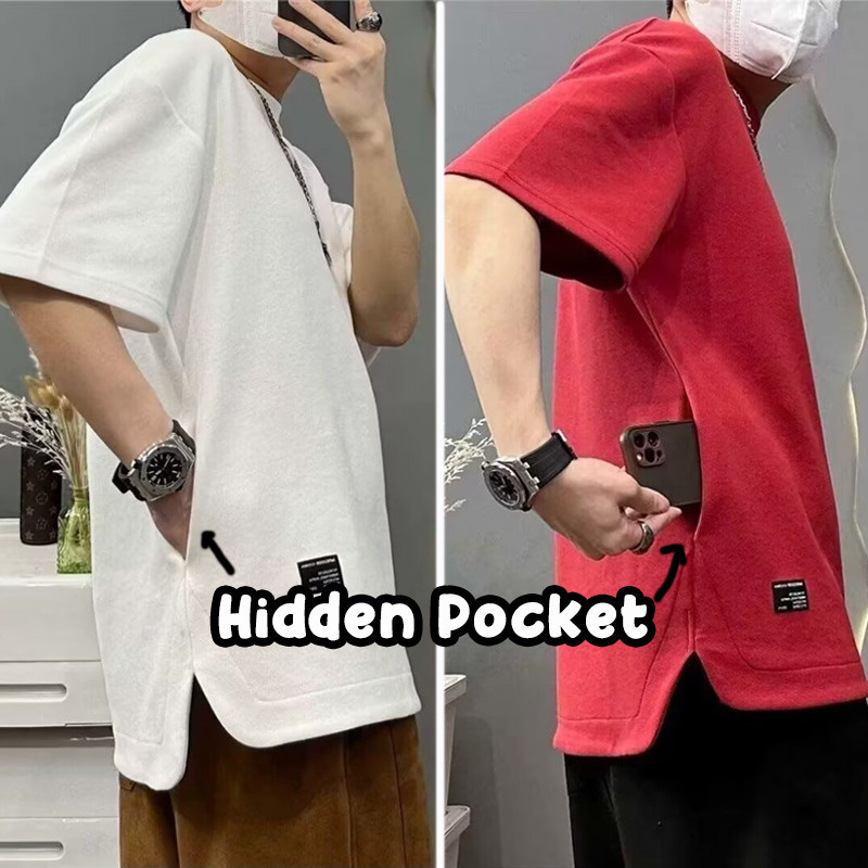 Hidden Pocket T Shirt Men M-4XL Oversize Round Neck Tshirt Man Korean Style Plain Solid Color ...