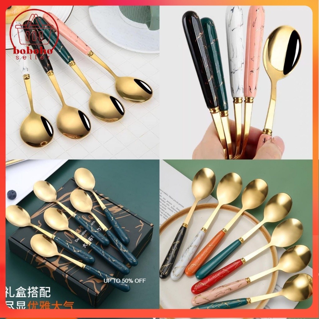 Table Spoon Sultan Stainless Marble Motif Gold Color 1 Box Contains 6 ...